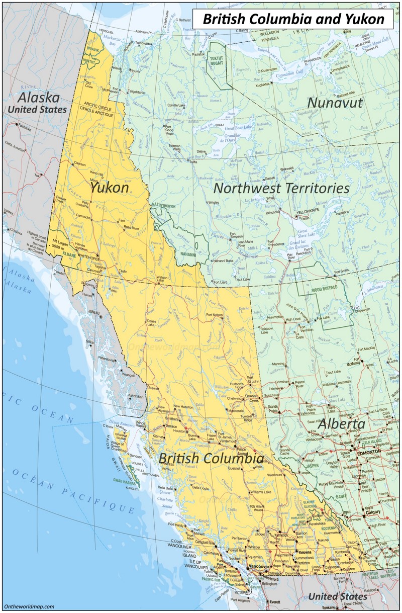 Map of British Columbia and Yukon - Ontheworldmap.com