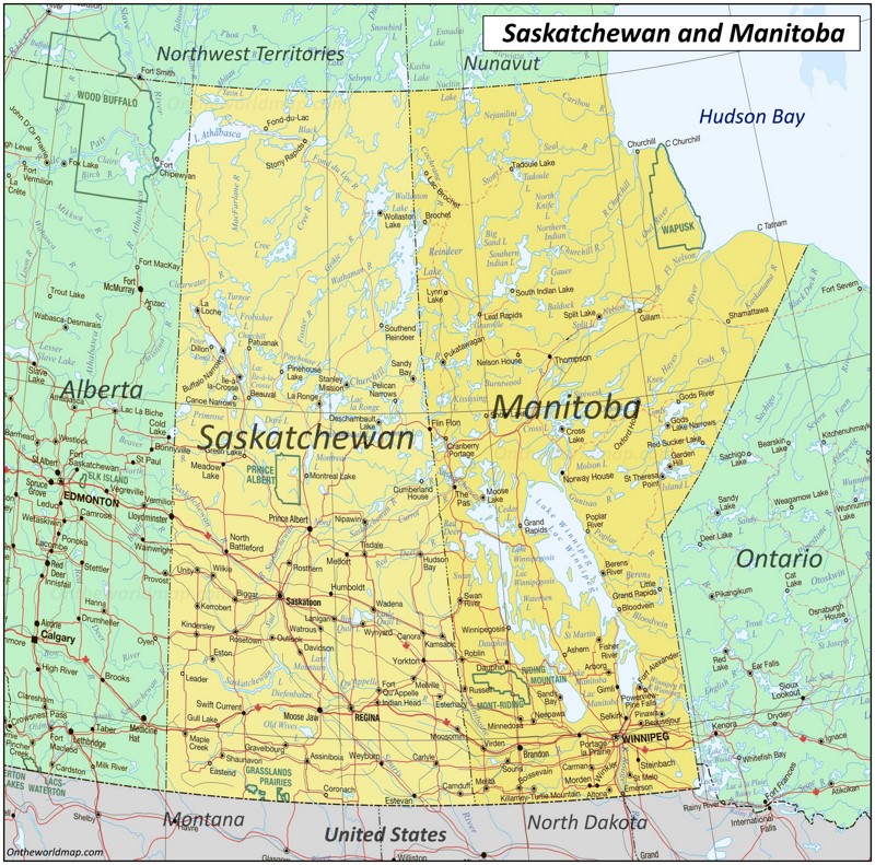 Map of Saskatchewan and Manitoba - Ontheworldmap.com