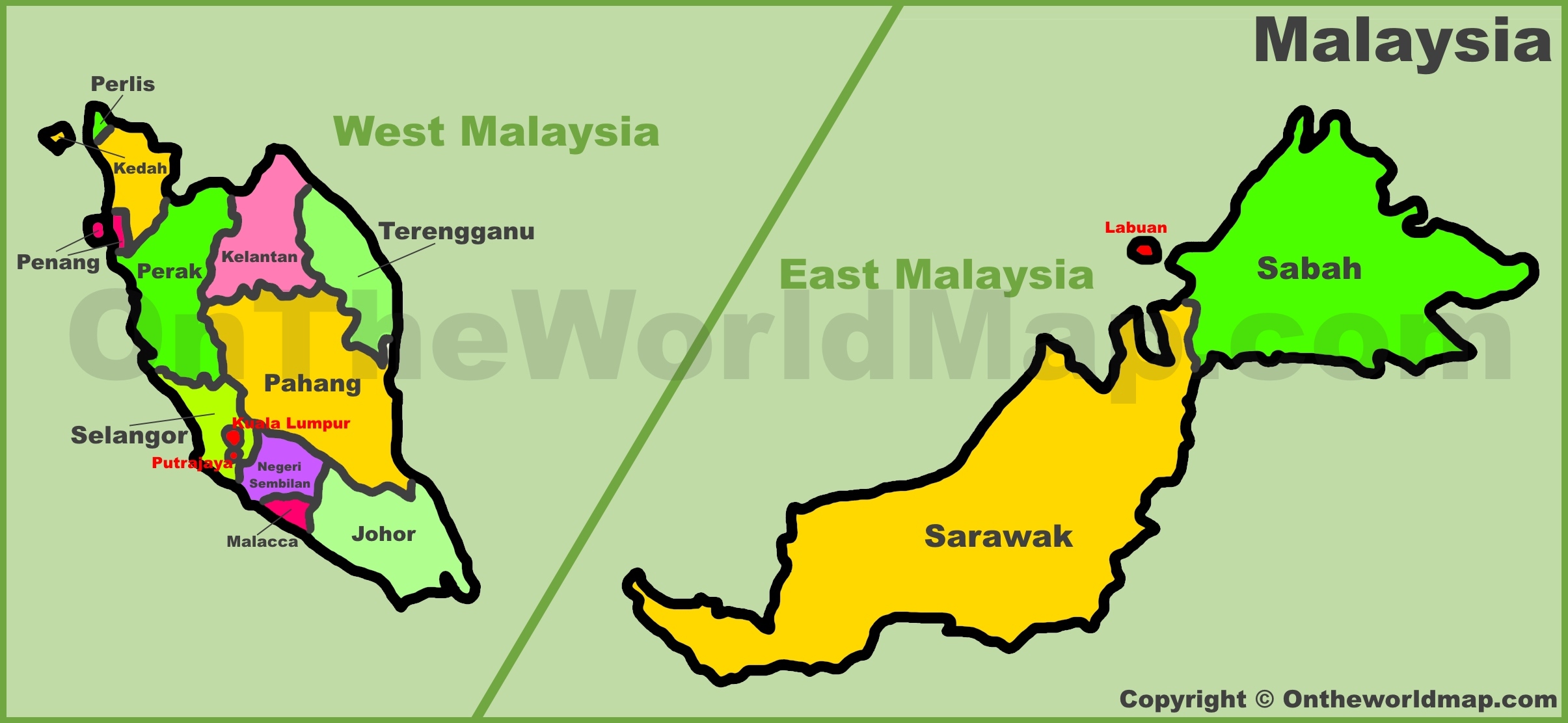 Malaysia States Map Ontheworldmap Malaysia States Map Ontheworldmap