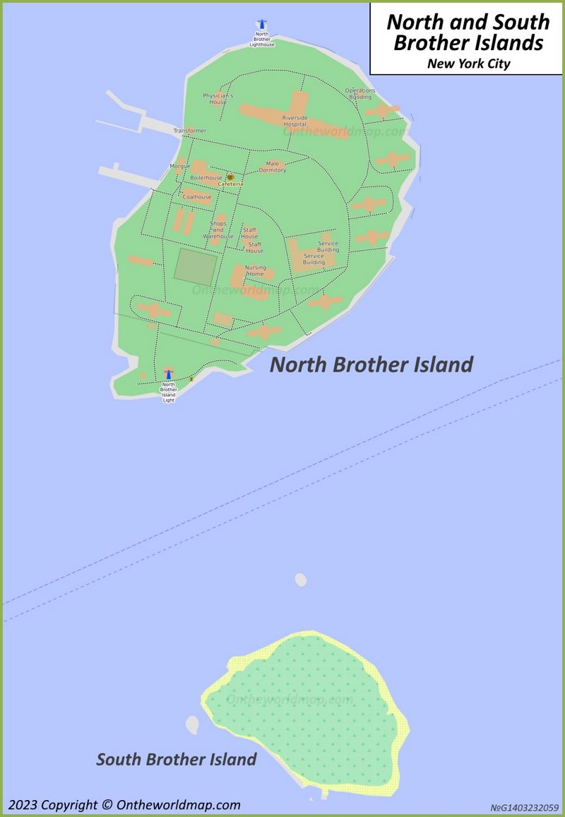 North and South Brother Islands Map | Bronx, New York City, U.S ...